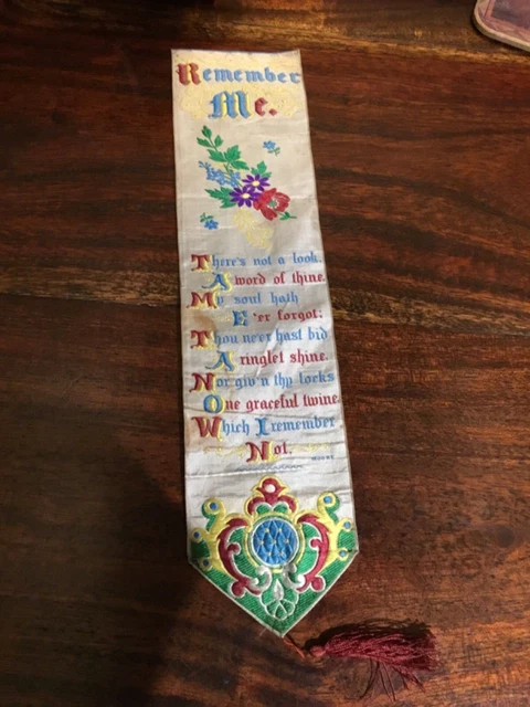 COLLECTABLE SILK STEVENS Victorian Remember Me Poem Bookmark Flower ...