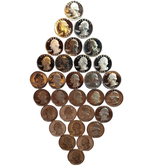 WASHINGTON QUARTERS-30 CLAD Coin Set-COMPLETE RUN-Proof/ S Mint-1968 ...