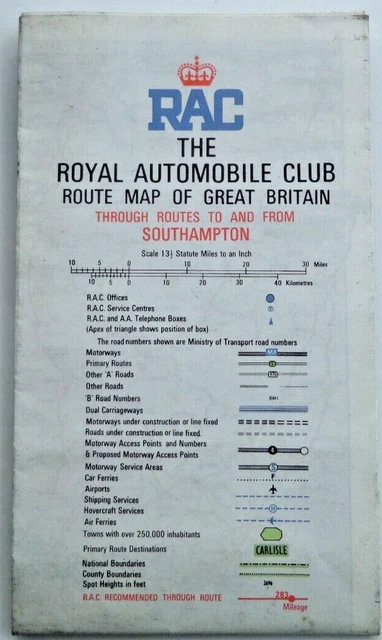 1975 RAC ROUTE Map Of Great Britain Through Routes To & From ...