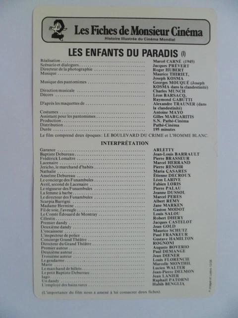 CARTE FICHE CINEMA 1945 LES ENFANTS DU PARADIS 1 Arletty Jean Louis ...