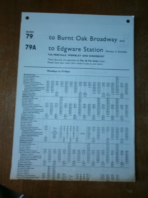 LONDON TRANSPORT BUS Stop Panel Timetable-Route 79/A, 1977 £1.50 ...