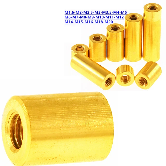 BRASS ROUND NUTS Threaded Sleeves Spacers Stud Connector Long Nuts ...