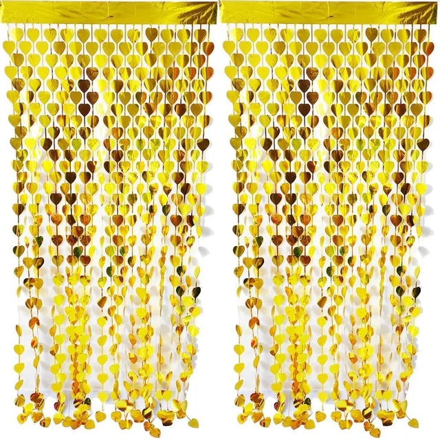2 PACK FRINGE Curtain Backdrop, 3.2Ft x 6.6Ft Heart-Shaped Metallic ...