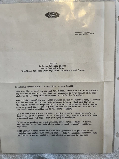 FORD MOTOR COMPANY Asbestos Caution Note $9.99 - PicClick