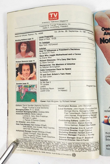 1981 TV GUIDE Sept 19-25 Kate Mulgrew Amsel Cover Richard Simmons No Label £7.06 - PicClick UK