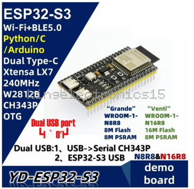 ESP32 S3 ESP32-S3-DEVKITC-1 Dual Type-C USB ESP32-S3-WROOM-1-N8R8 ...