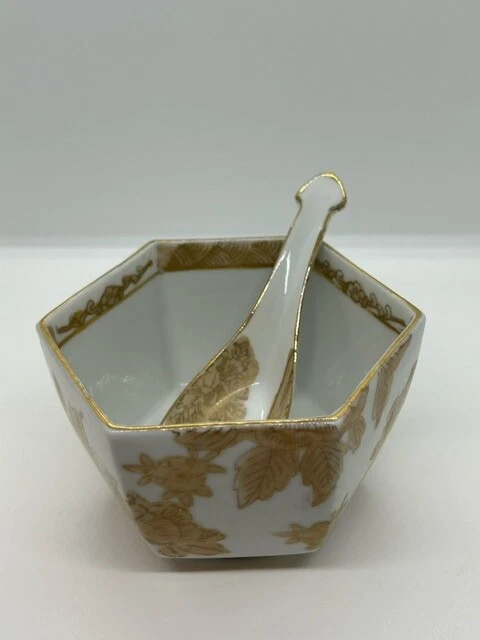 VINTAGE HEXAGON CHINESE Porcelain Soup Rice Bowl & Spoon Gold Floral ...
