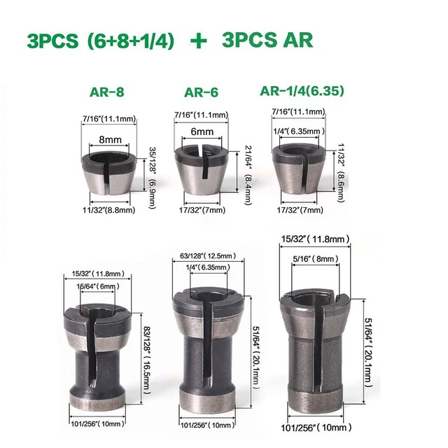 SPARE REPLACEMENT COLLET Chuck Conversion Router 6mm+ 6.35mm+8mm Hole ...