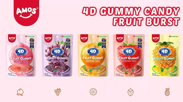 3 X AMOS 4D Fruity Gummy Grape, Orange, Strawberry ,Pineapple, Mango ...