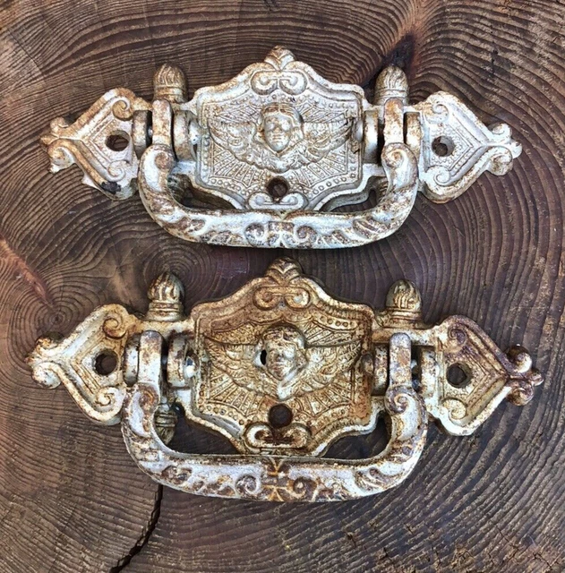 ANTIQUE FRENCH CAST iron coffin handles angel head wings gothic memento ...