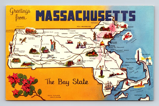 PICTORIAL TOURIST MAP from the Bay State of Massachusetts MA Postcard ...