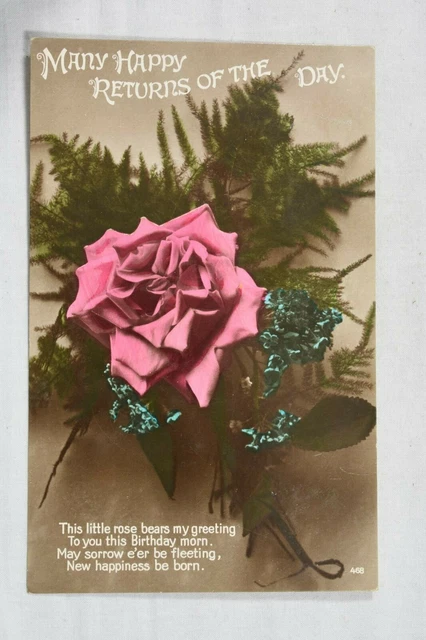 VINTAGE POSTCARD BIRTHDAY Greetings Poem Happy Returns Rose Flowers ...