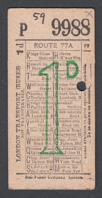 OLD TICKET LONDON Transport Buses Bus 1d Route 77A Kings Cross Station ...