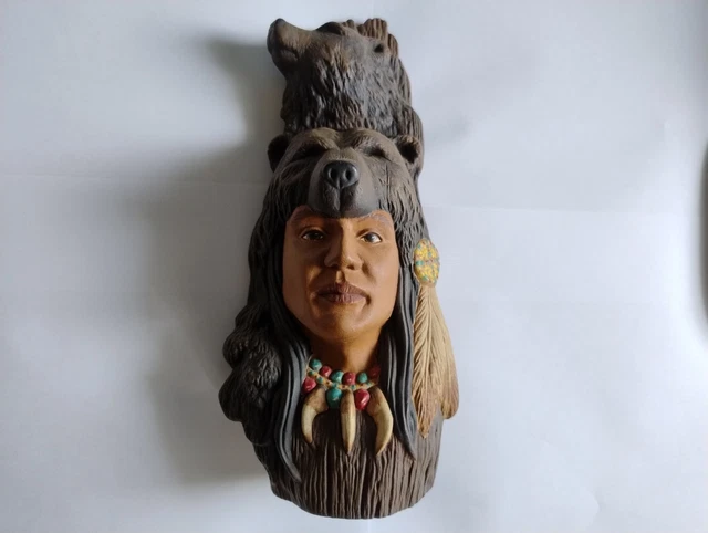 NATIVE AMERICAN WITH Bear Headpiece Infront Of Bear Totem, Hand painted ...