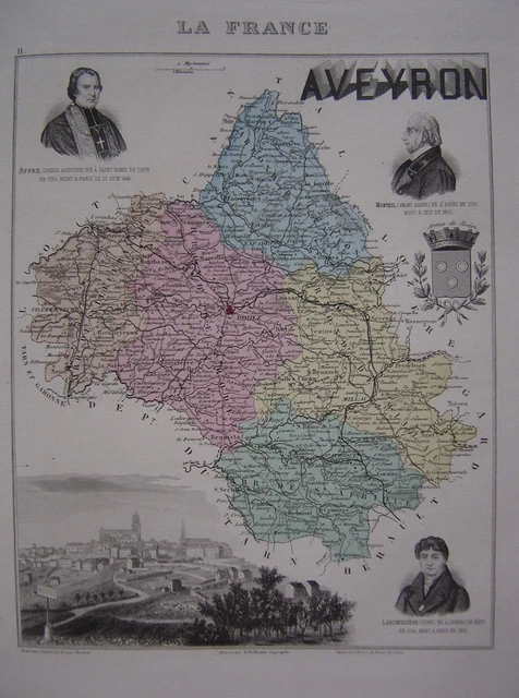 CARTE GÉOGRAPHIQUE DE 1883 Département AVEYRON Rodez Portraits Affre ...