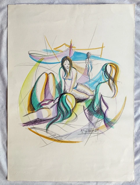 GALLESE MARCELLO - Figure in spiaggia - carboncino acquerellato - 1975 ...