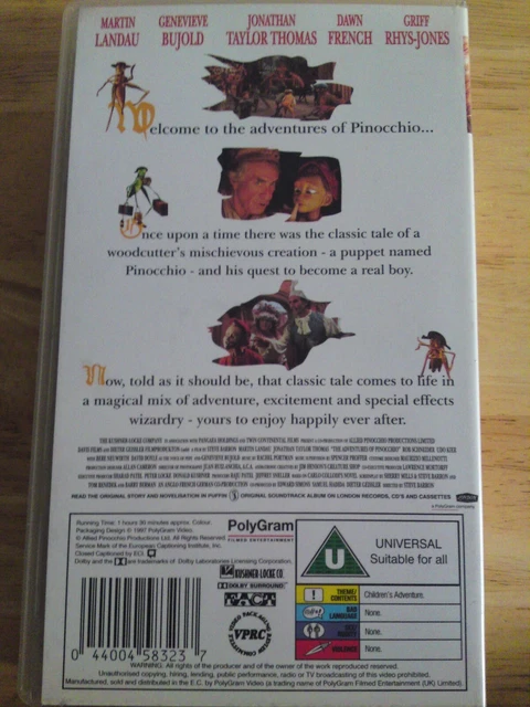 VHS VIDEO TAPE “The Adventures Of Pinocchio”, part animation PolyGram ...