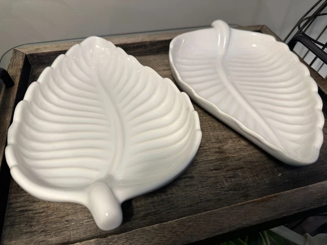VINTAGE DENMEAD POTTERY Leaf Dishes White Ceramic Studio Ware Pair £10. ...