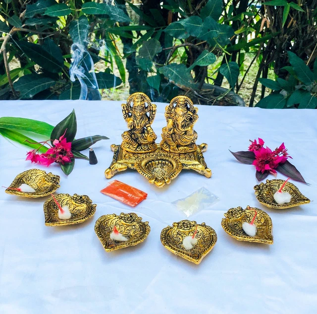 GANESHA LAXMI GANESH Hindu God Golden Metal Idol Statue 6 Diya Roli ...