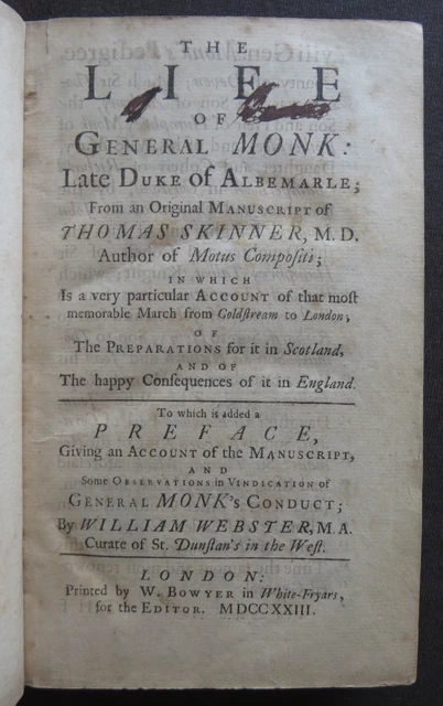 LIFE OF GENERAL MONCK ~1723~ BRITISH CIVIL WARS 1st SKINNER Military ...