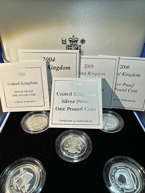 UK 🇬🇧 SILVER Coin Proof Set £1 Pound 1998 2003 2004 2005 2006 Box CoA ...