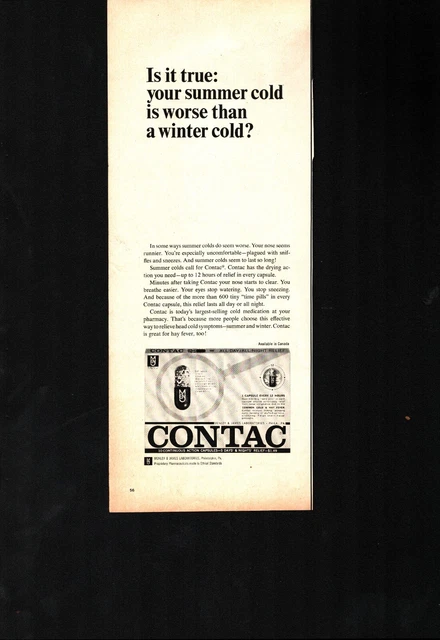 1964 ORIGINAL VINTAGE CONTAC COLD CAPSULES MEDICINE MAGAZINE AD ...