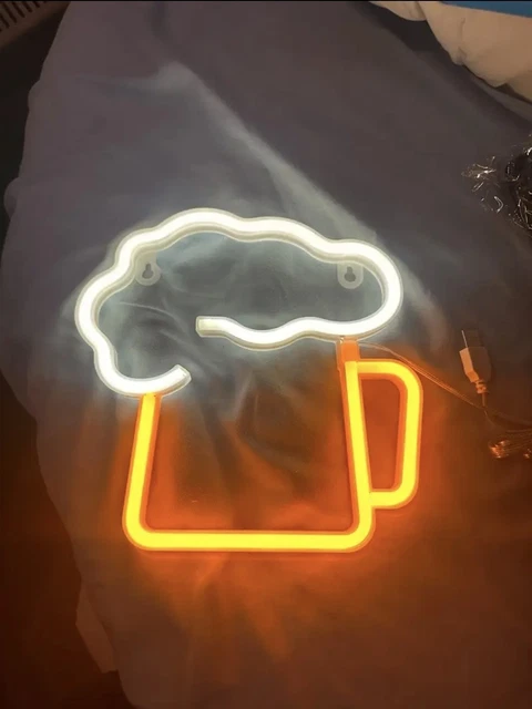 BEER NEON SIGN Bar Sign Yellow White LED Sign Decor USB or Batteries ...