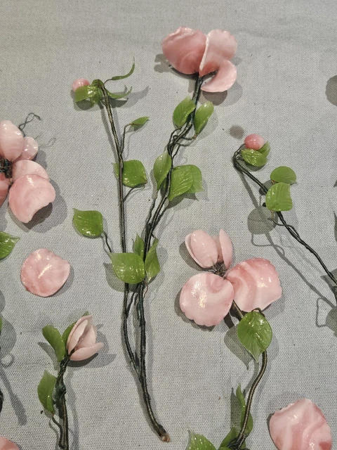 VINTAGE HAND BLOWN Glass Lampwork 6x Pink Flowers Metal Wire Stems ...