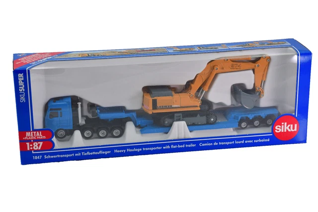 SIKU 1847 SCHWERTRANSPORT mit Tiefbettauflieger LKW + Bagger Liebherr ...