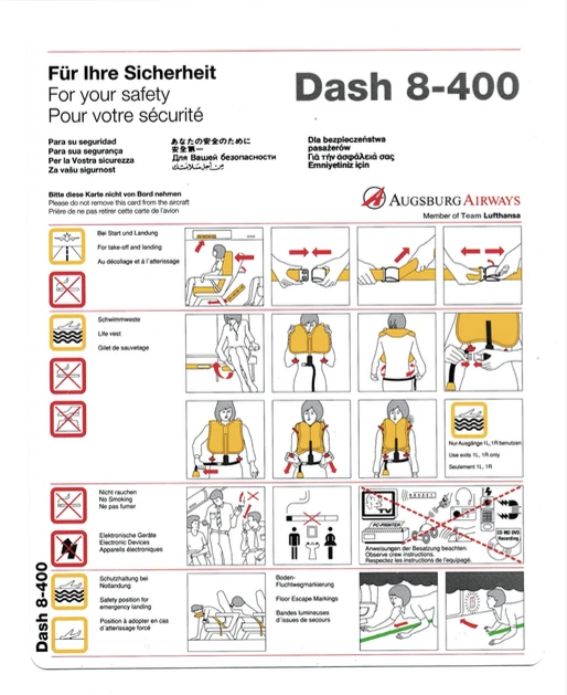 SAFETY CARD AUGSBURG Airways member of Team Lufthansa Dash 8-400 EUR 3 ...