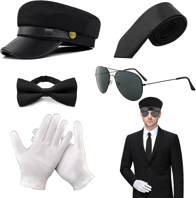 CHAUFFEUR COSTUME SET - 5pc Unisex Fancy Dress Hat Tie Glasses Gloves £ ...