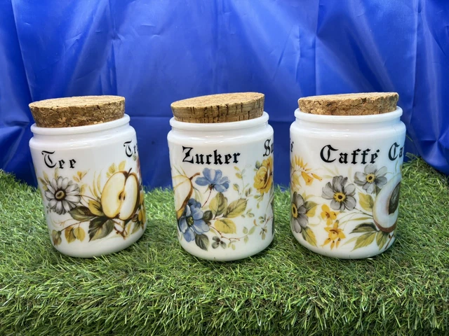 VINTAGE FRENCH MILK Glass Tea, Coffee, Sugar Canisters, Cork Tops £21. ...