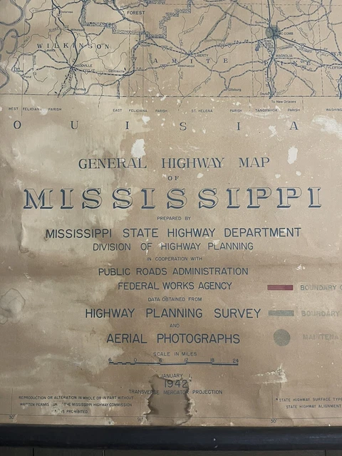 VINTAGE GENERAL HIGHWAY Map Mississippi State Hwy Department 1942/1946 ...