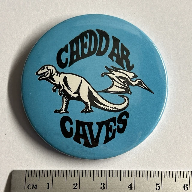 VINTAGE COLLECTIBLE PIN Badge Cheddar Caves Prehistoric animals theme £ ...