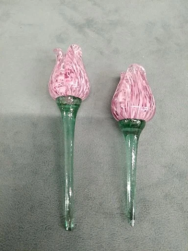 VINTAGE MURANO ART Glass Long stem Rose Hand Blown Glass Flower Set Of ...