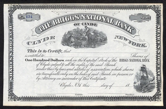 THE BRIGGS NATIONAL Bank of Clyde NY c1880* Stock Certificate Unissued ...
