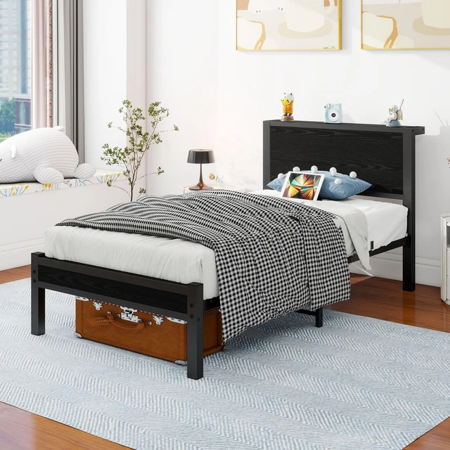 DIAHOMY SINGLE BED Frame with Wood Storage Headboard, Metal Single ...