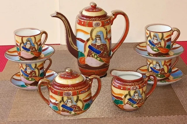 GENUINE VINTAGE JAPANESE Hand-Painted Samurai Coffee Set For 4: VGC ...