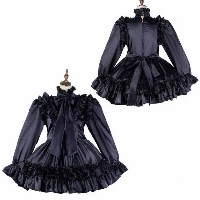 Sexy Maid Sissy Girl Lockable Black Satin Dress Cosplay Costumes Tailor 6518