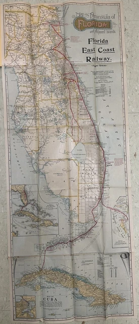 ORIGINAL 1914 FLORIDA East Coast Railway Map Of The Peninsula Of ...