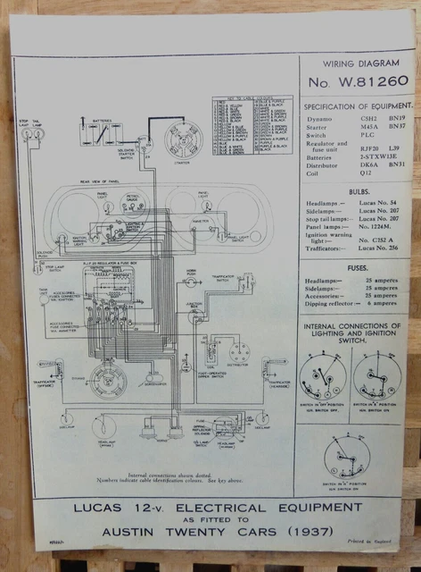 ORIGINAL LUCAS AUSTIN ‘Twenty’ Cars Wiring Diagram 1937 W81260 £11.85 ...