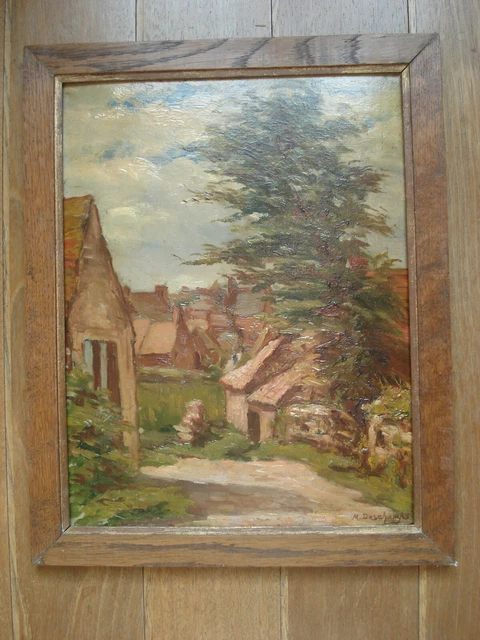 TABLEAU PEINTURE ANCIENNE huile paysage village Breton signé Deschamps ...
