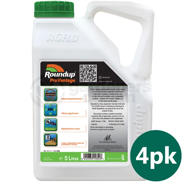ROUNDUP PRO VANTAGE 480 Glyphosate Weedkiller 4 x 5 Litre Strong ...
