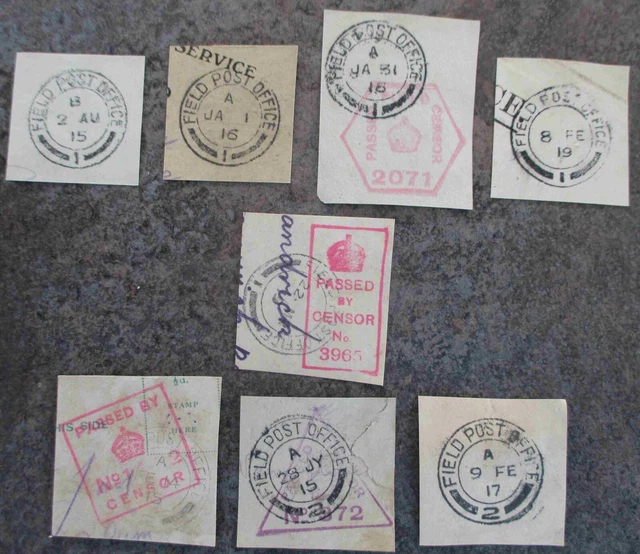 FIELD POST OFFICE WW1 - 8 postmarks Index 1 & 2 - 1915 - 1919 Censor ...