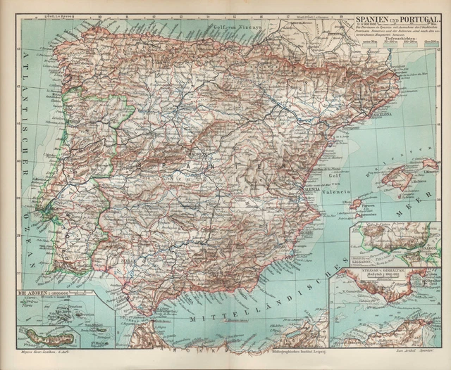 LANDKARTE MAP 1908: SPANIEN UND PORTUGAL. Azoren Mittelmeer Balearen ...