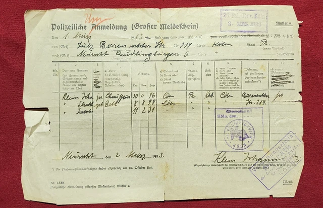 WWII WW2 ERA German paper Police Polizei document certificate 1933 Reg ...