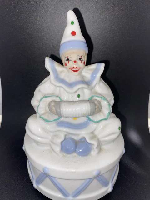 Porcelain Rotating Musical Clown W Accordion Music Box Tall Hat 16 00