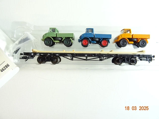 MÄRKLIN H0 46286 Flachwagen mit Ladung 3 Unimog der DB in OVP PR6626 EUR 49,99 - PicClick DE
