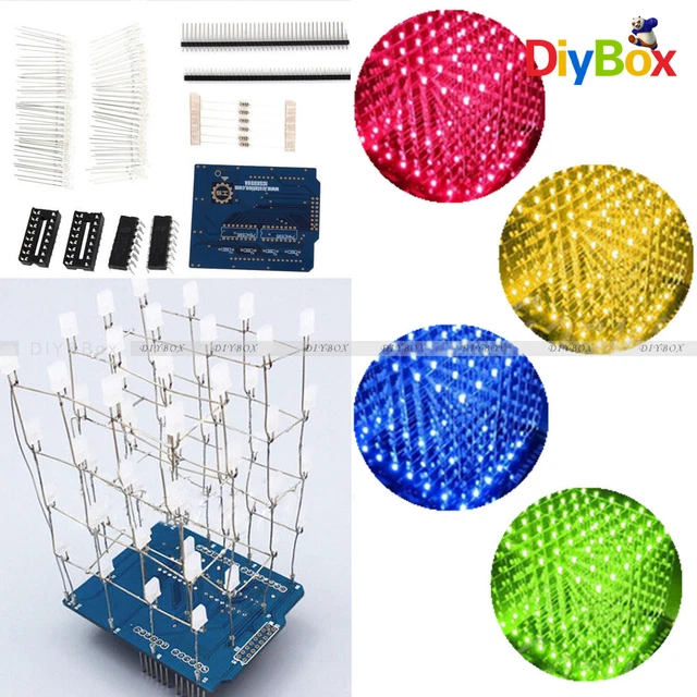 YELLOW/RED/BLUE/GREEN 4X4X4 LIGHT Cube Arduino UNO shield LED Precise ...