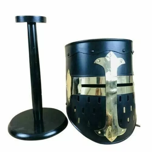 MEDIEVAL KNIGHT ARMOR Crusader Viking Templar Black Helmet with stand ... MEDIEVAL KNIGHT ARMOR Crusader Viking Templar Black Helmet with stand ...